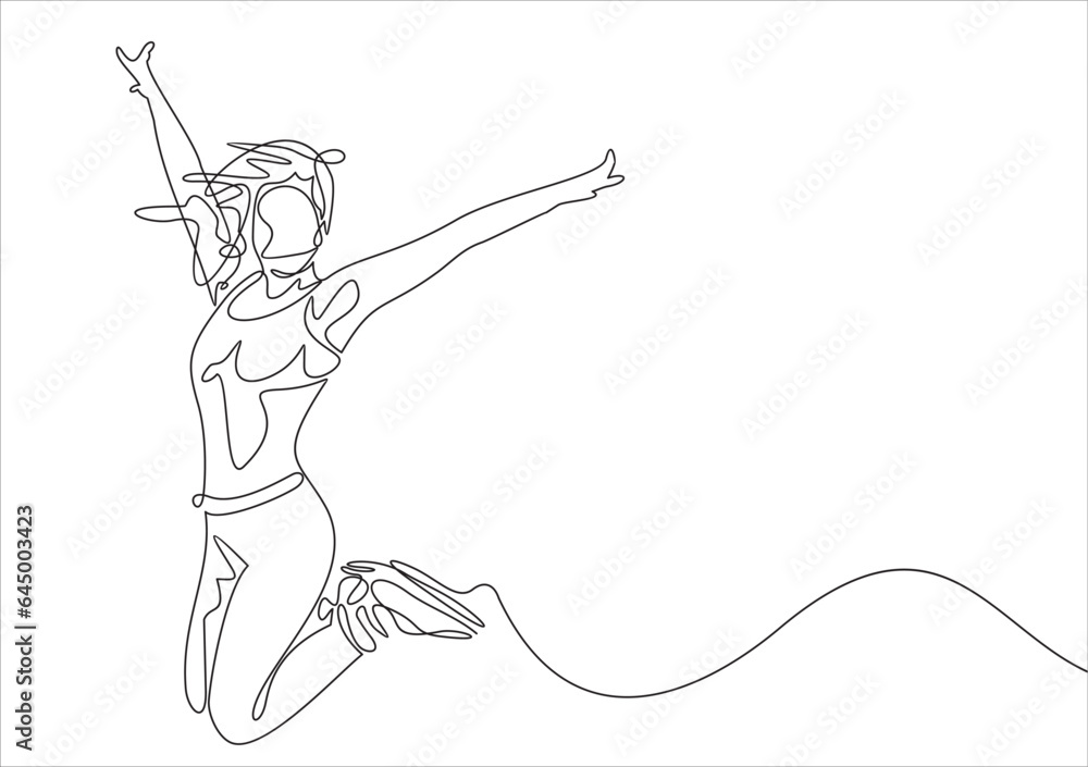 Continuous line art or One Line Drawing of a woman stretching arms is ...
