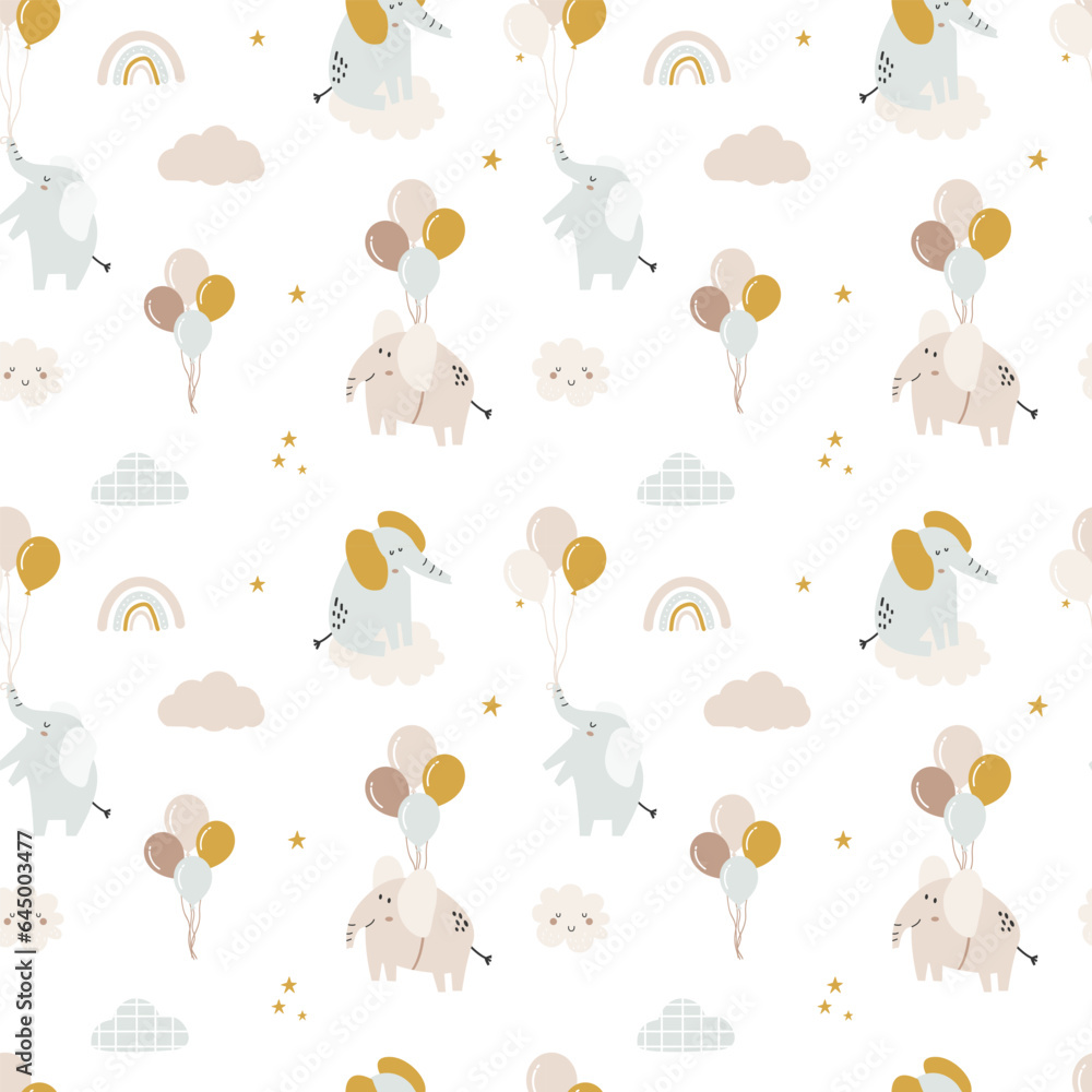 Flying Elephants, Balloons, Rainbows, Stars And Clouds Seamless Baby ...