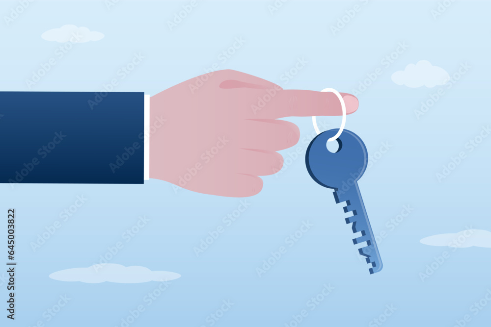 Giant hand holds key to success. Mentorship, helping to achieve success ...