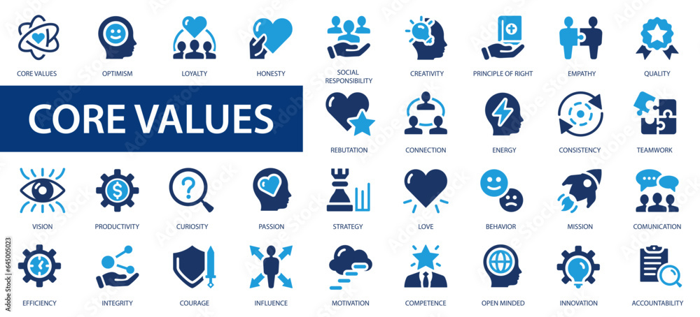 Core values icons set. Performance, passion, love, motivation, empathy ...