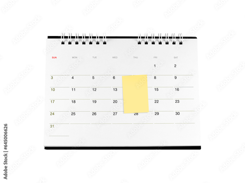 sticky note attached on cardboard desk calendar with date isolated on ...