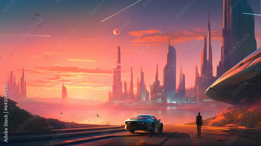 Illustrate the future of technology with a futuristic cityscape at ...