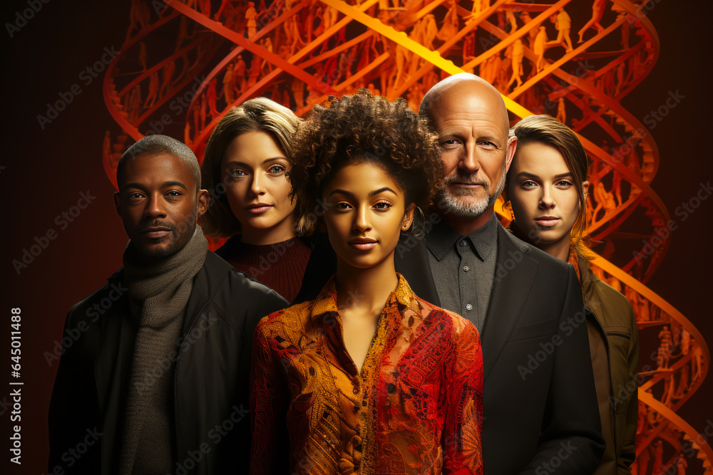 Captivating collage of diverse faces intertwined with a DNA double ...
