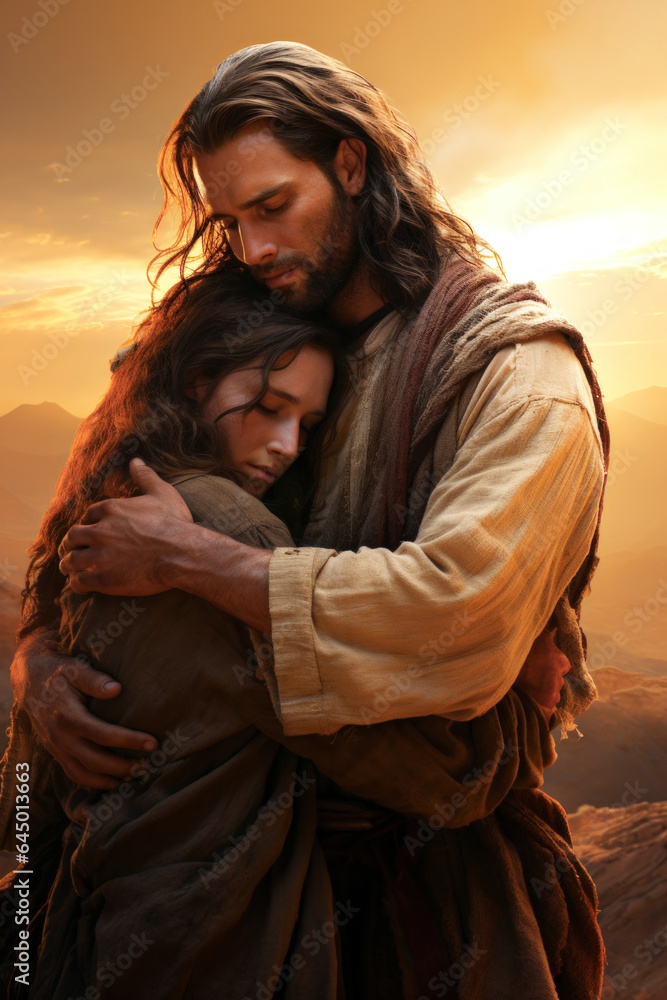 Jesus Christ giving a fraternal hug to a young woman giving the hope ...