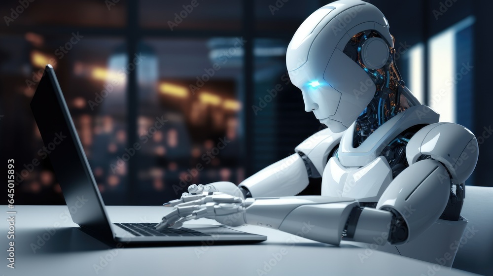 AI Assistant diligently multitasking at a modern workstation - A ...