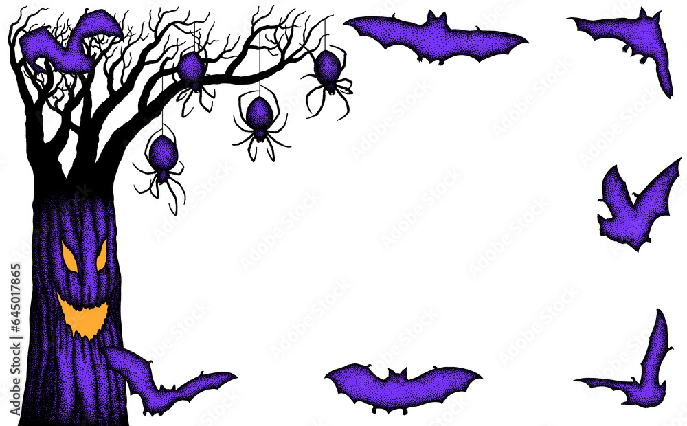 Halloween frame with hand-drawn spiders and bats flying around a creepy ...