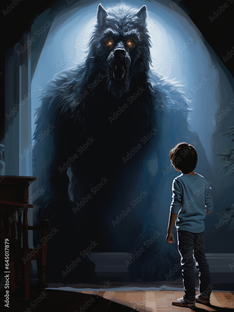 An Illustration of a Young Boy Gazing in Awe at a Life-Sized Werewolf ...