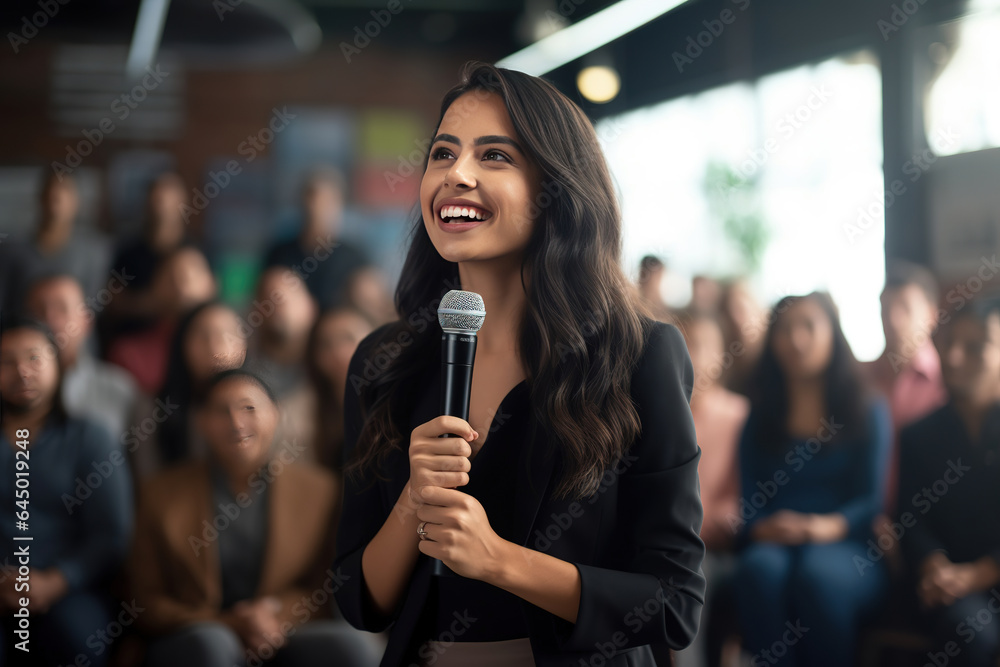 Young Latin American woman engaged in a public speaking event, filled ...
