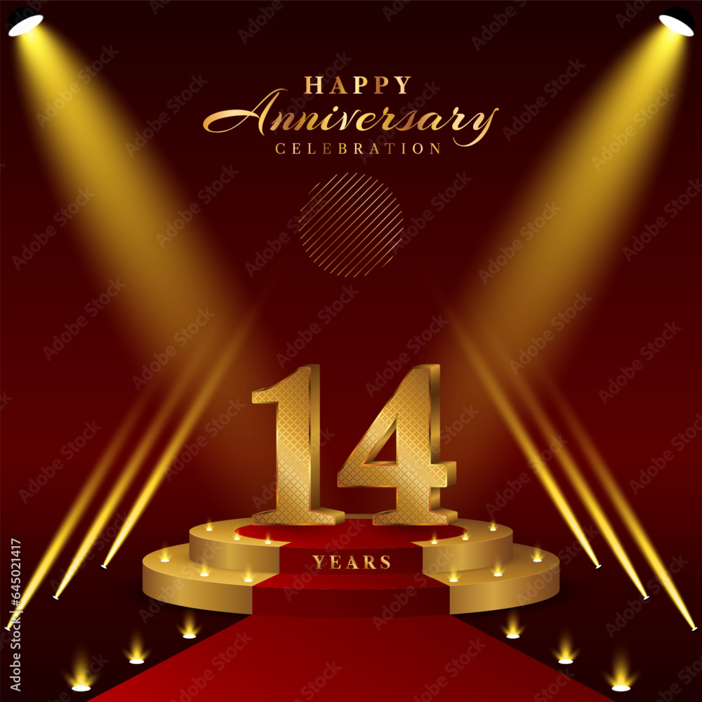 14th anniversary logo with numbers and podium in gold color, logo ...