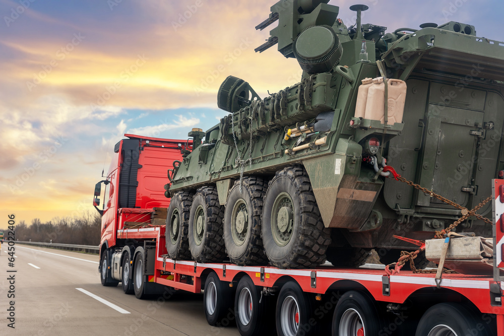 Back view armoured personnel carrier stryker with air defense system ...