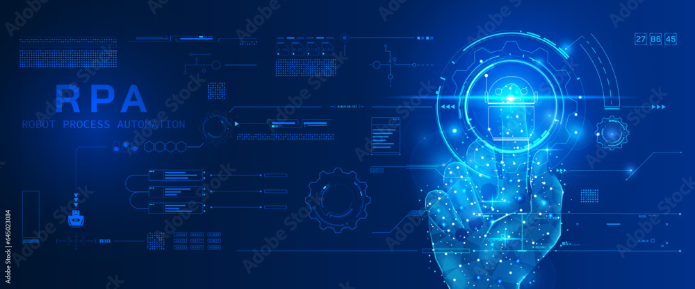 Technology digital hand wireframe pressing on HUD circle robot of RPA platform concept vector ...