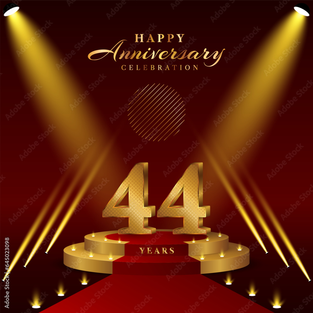 44th anniversary logo with numbers and podium in gold color, logo ...