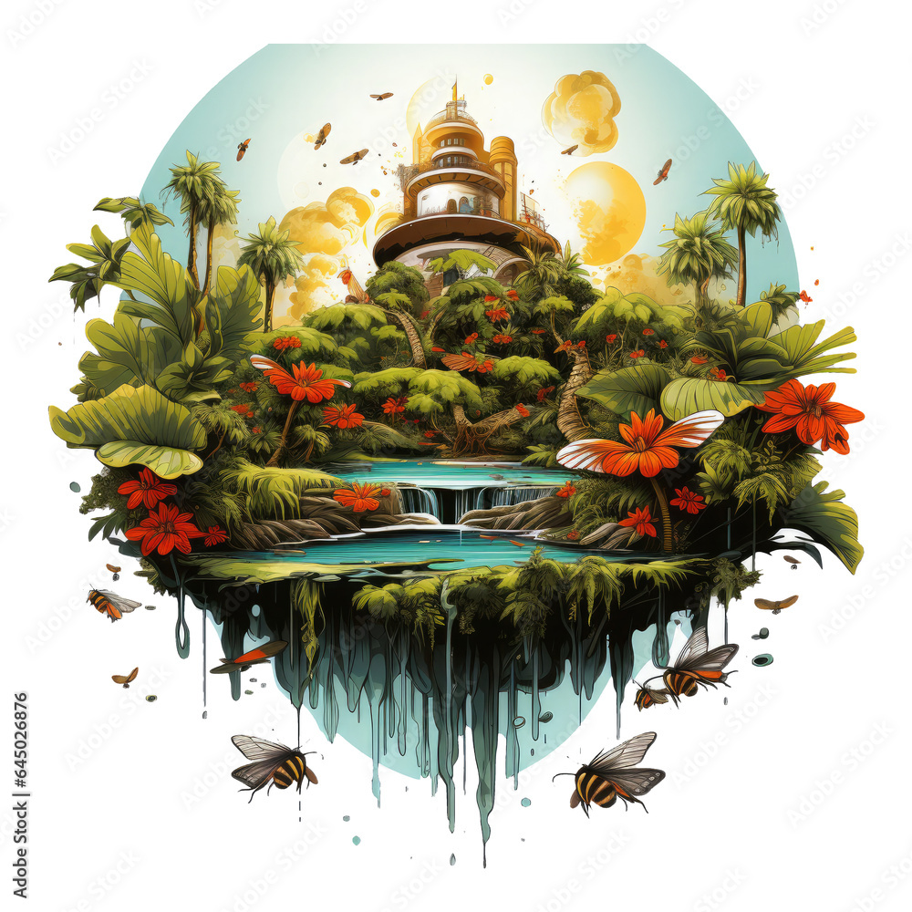 A floating island garden with a bee flower t-shirt design, lush gardens ...