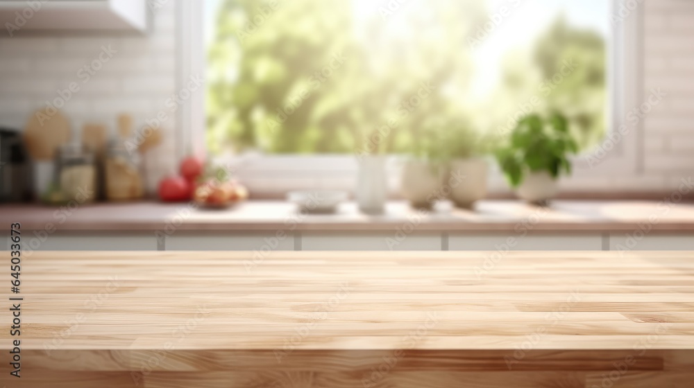 Wooden table on blurred kitchen bench background, Advertisement, Print ...
