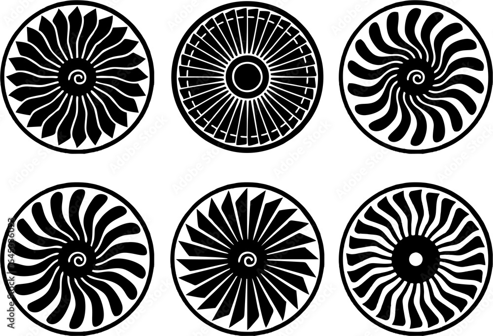 Turbine, jet engine, airplane fan isolated icons set. Mechanical device ...