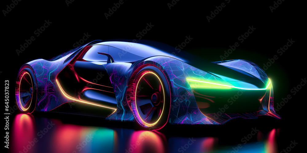 Fast Cyberpunk color neon modern car of future from bright lines in ...