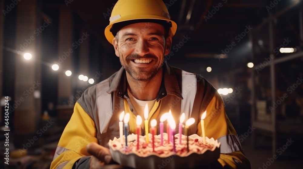 Happy and smiling construction worker with joyful crazy look celebrates ...