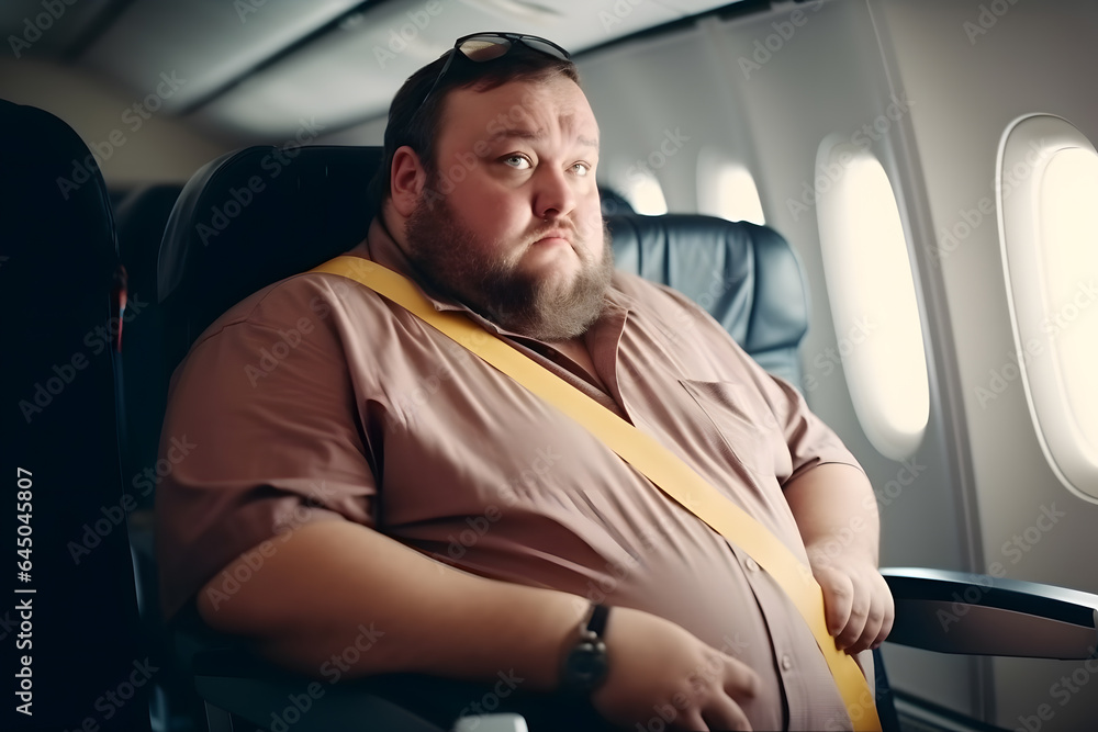 Problem of Fat obese Man passenger fastening Seat belt on airplane ...