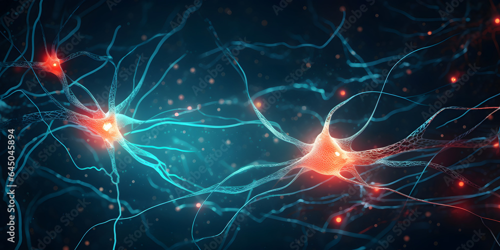 Nerve cell blue color banner, system neuron of brain with synapses ...