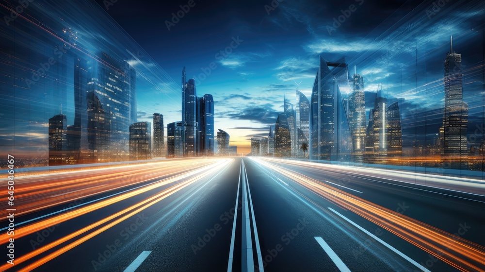 skyscrapers and car traffic light trails on a metropolitan street ...