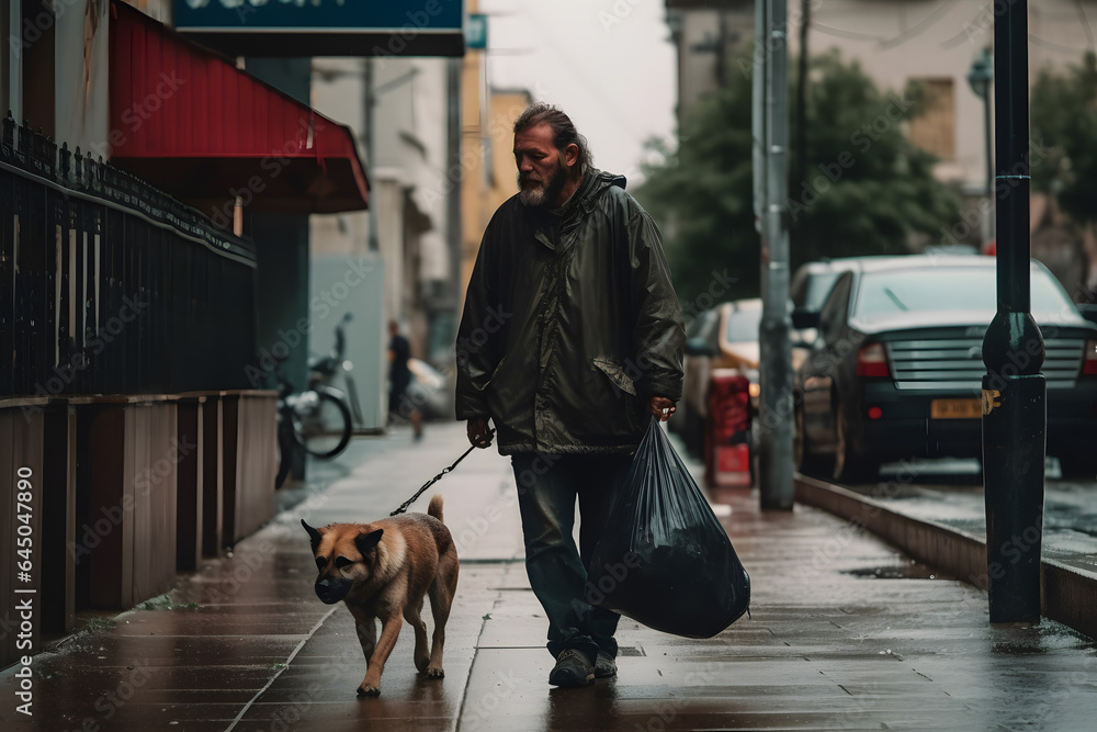 Homeless man walking down street with his friend dog. Concept ...