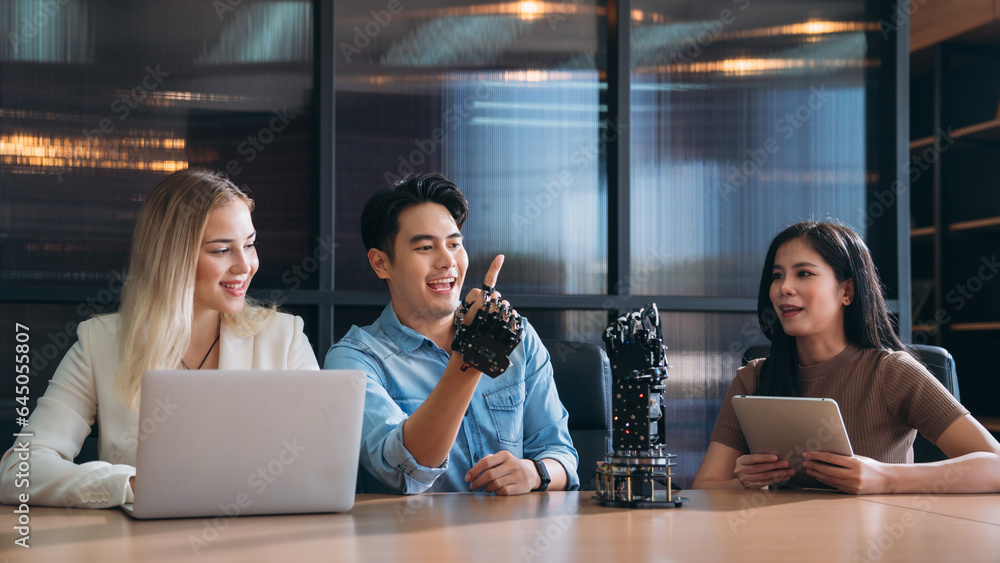 College Young students research inventions robotics and robot arm ...