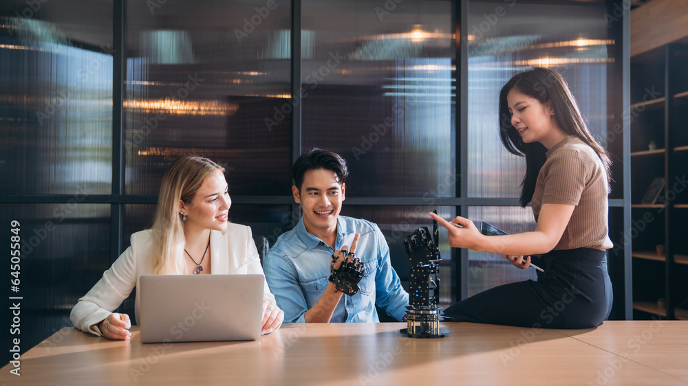 College Young students research inventions robotics and robot arm ...