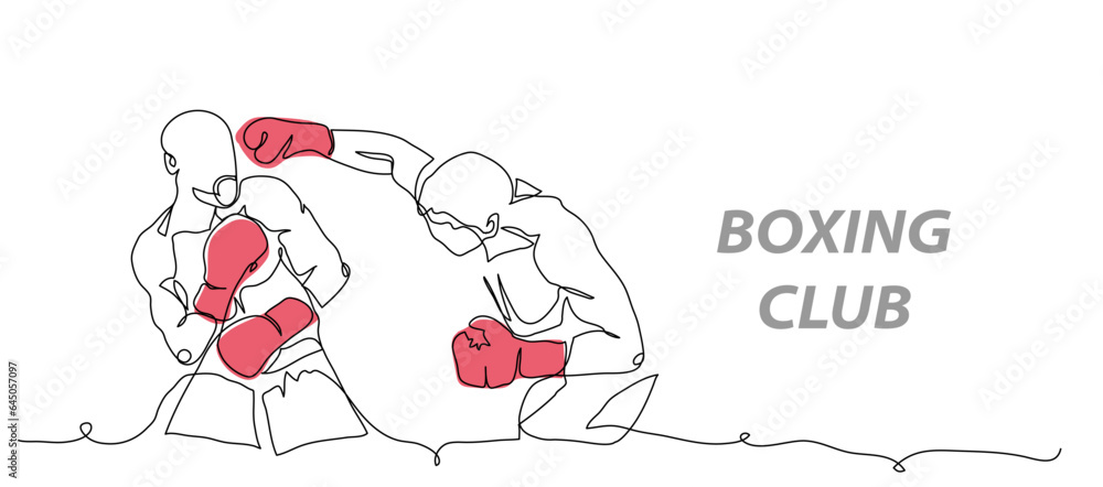 Two men boxers are fighting in red gloves. One continuous line art ...