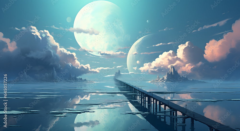 a blue cloudy sky with a bridge and some floating planets on them, in ...