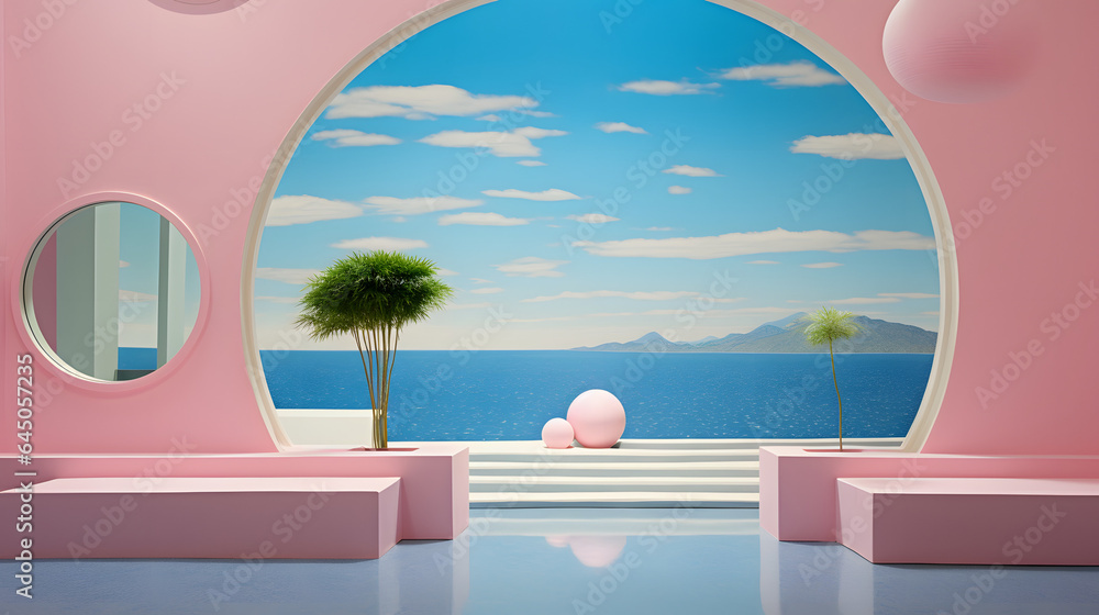 a room with the ocean and two pink mirrors, in the style of futuristic ...