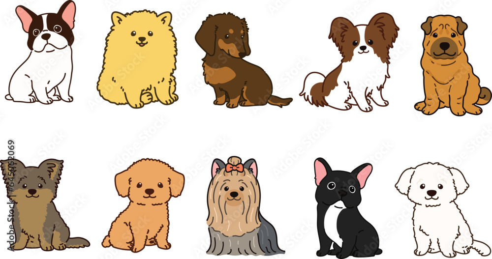 Simple and adorable illustrations of friendly small dogs outlined Stock ...