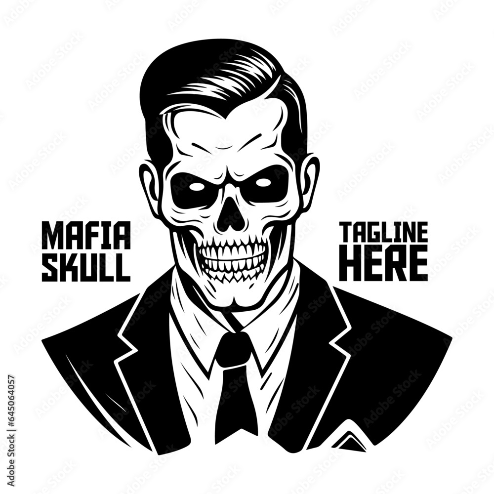 Monochrome mafia skull vector illustration. Elegant hand-drawn skeleton ...