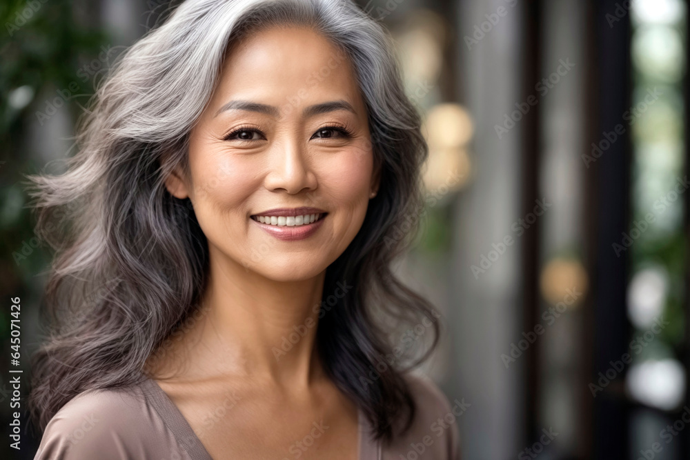 Beautiful asian aging mature woman with smooth healthy face skin and ...