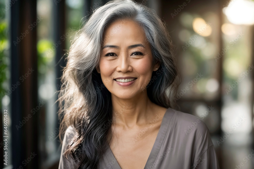 Beautiful asian aging mature woman with smooth healthy face skin and ...