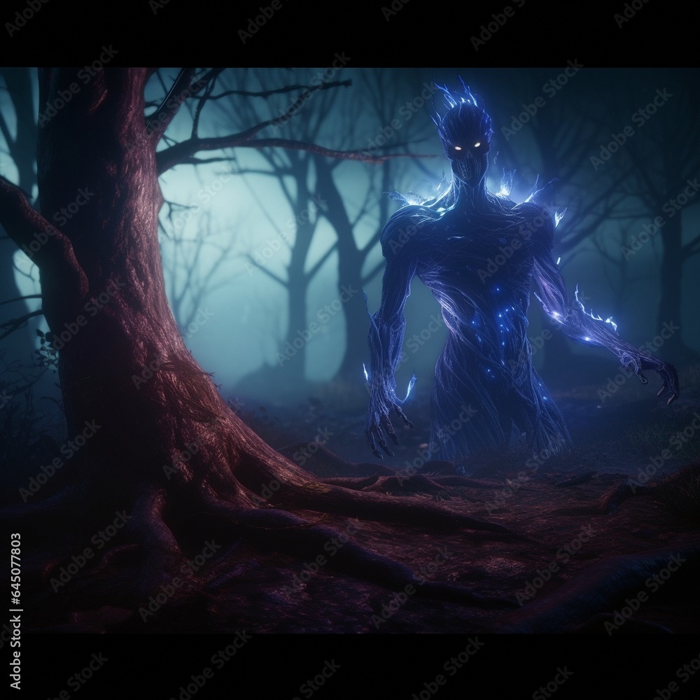A mysterious monster embraced by a mysterious light in the night forest ...