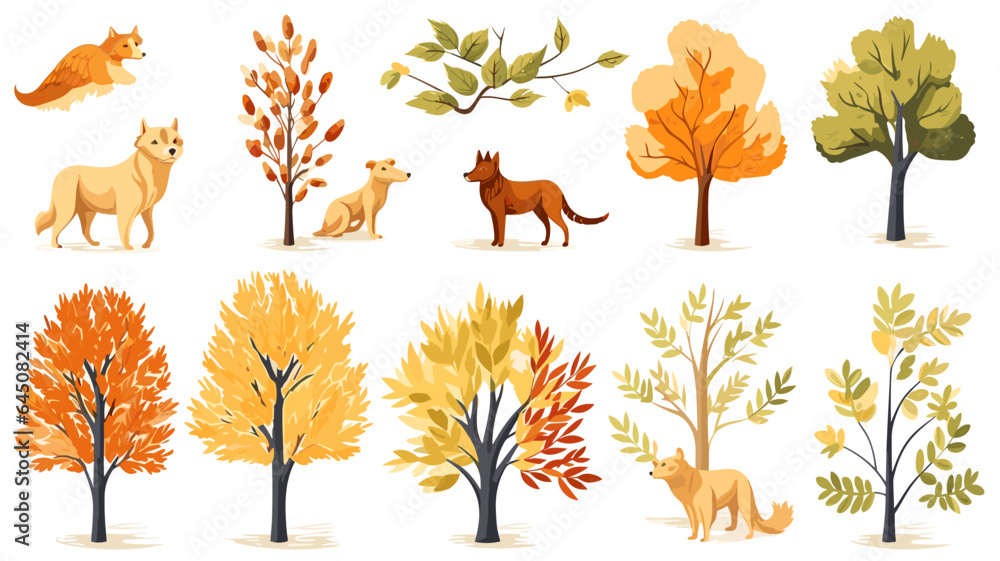 autumn trees, set of vector illustrations of cute trees and shrubs: oak ...