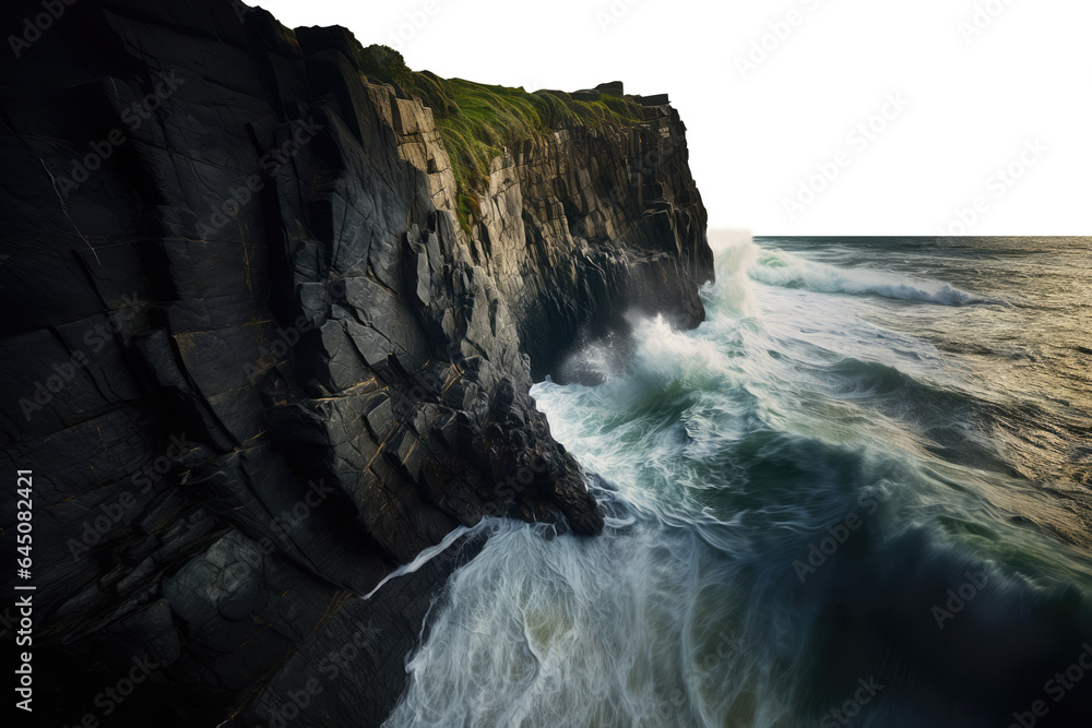 tidal waves crashing on tall steep cliffs near the ocean side. fjords ...