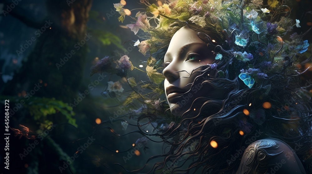 The mystical forest spirit, embraced by the mysterious energy of life ...