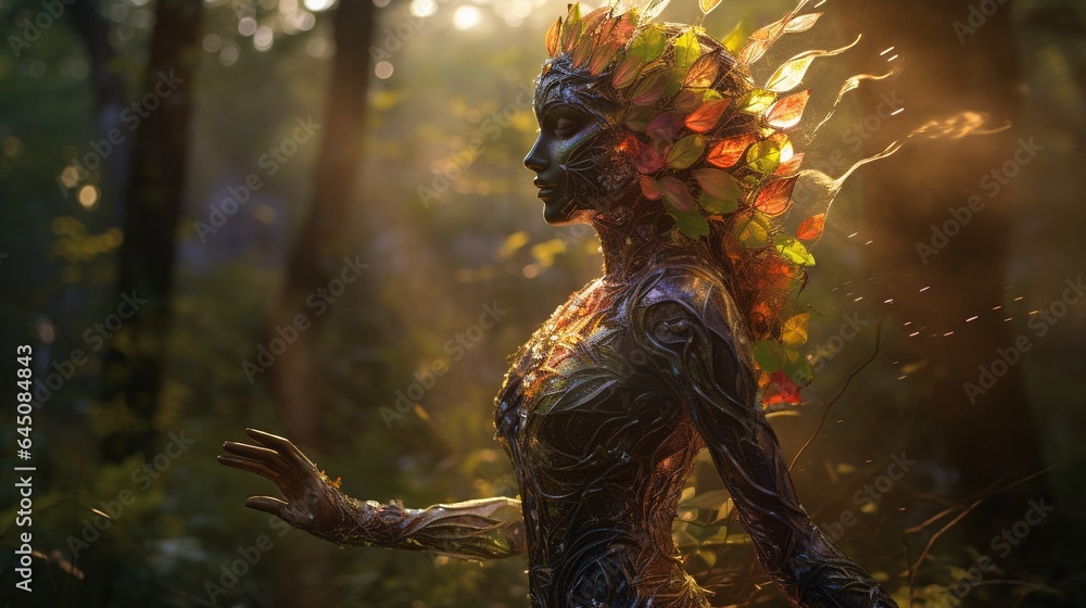 The mystical forest spirit, embraced by the mysterious energy of life ...