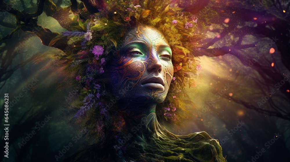 The mystical forest spirit, embraced by the mysterious energy of life ...