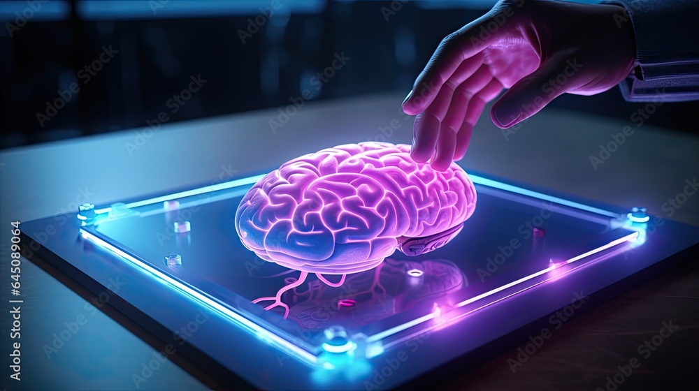 The concept of artificial intelligence. The hand presses the button. An ...