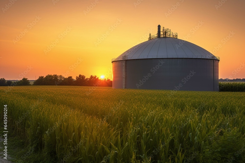 Sunset scene featuring a biogas plant and a corn field. Generative AI ...