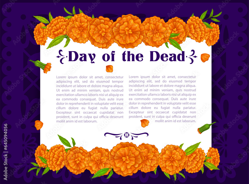 Marigold flowers on Dia De Los Muertos Day of the Dead holiday banner ...