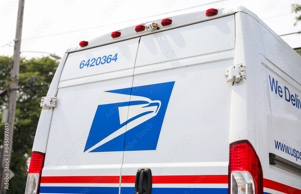 Chicago, IL, USA, Sept 7, 2023, USPS sign, a symbol of worldwide mail ...