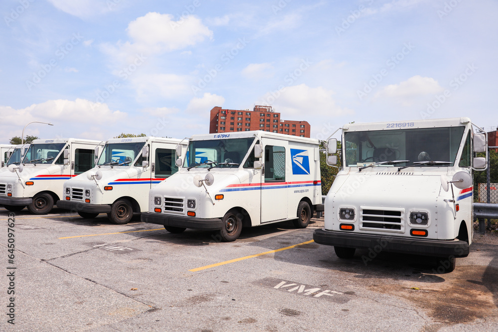Chicago, IL, USA, Sept 7, 2023, USPS sign, a symbol of worldwide mail ...