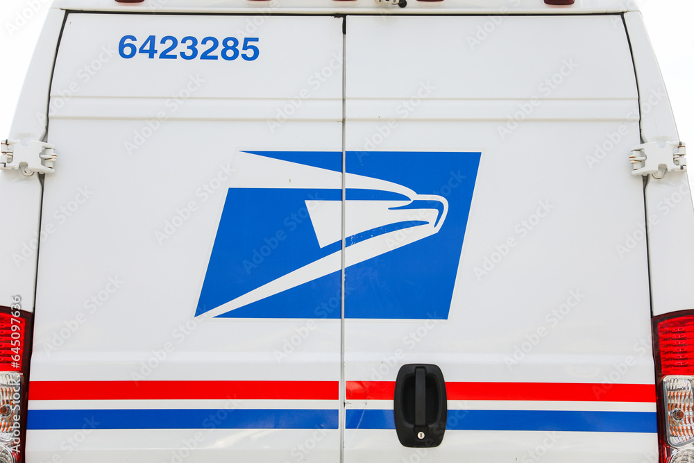Chicago, IL, USA, Sept 7, 2023, USPS sign, a symbol of worldwide mail ...