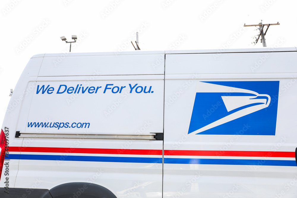 Chicago, IL, USA, Sept 7, 2023, USPS sign, a symbol of worldwide mail ...