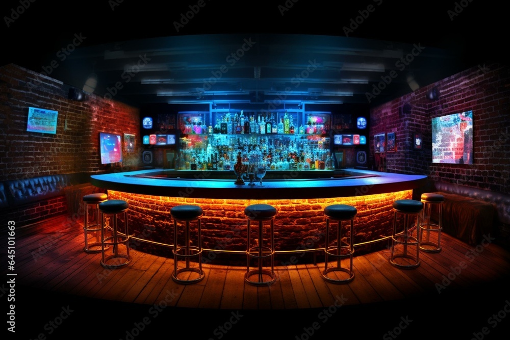 HDRI panorama of vintage nightclub bar with brick wall and neon light ...
