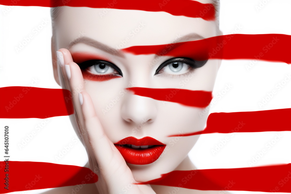 Beautiful woman with vivid red makeup. Fashion model. Red color palette ...