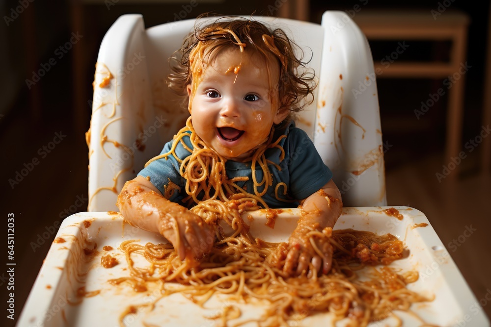 Overhead view of a baby making a mess with his food. Spaghetti all over ...